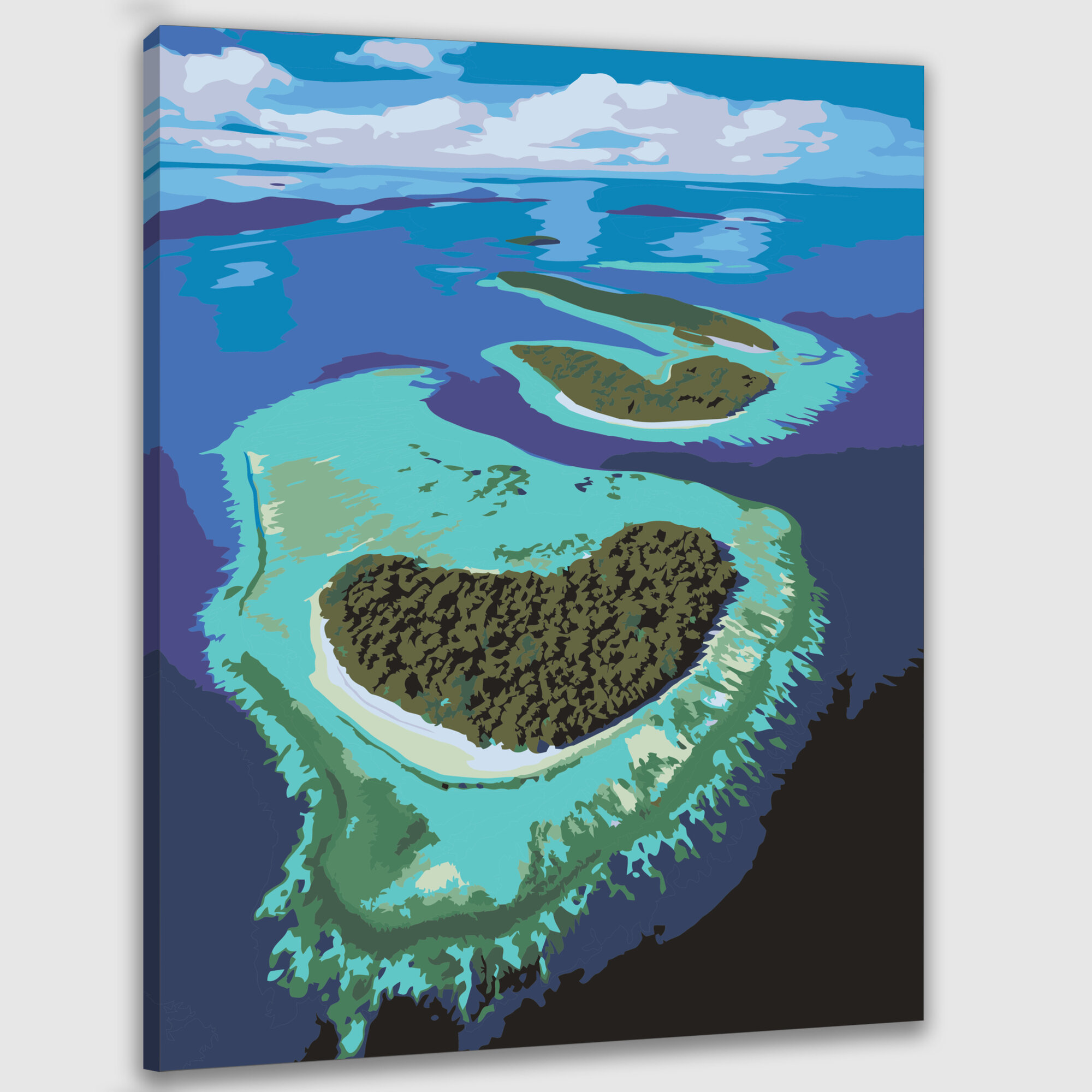 Картина по номерам 40x50 см, аэрофотосъемка, коралловый атолл, острова, лагуна, экосистема, бирюзовые воды, синий океан