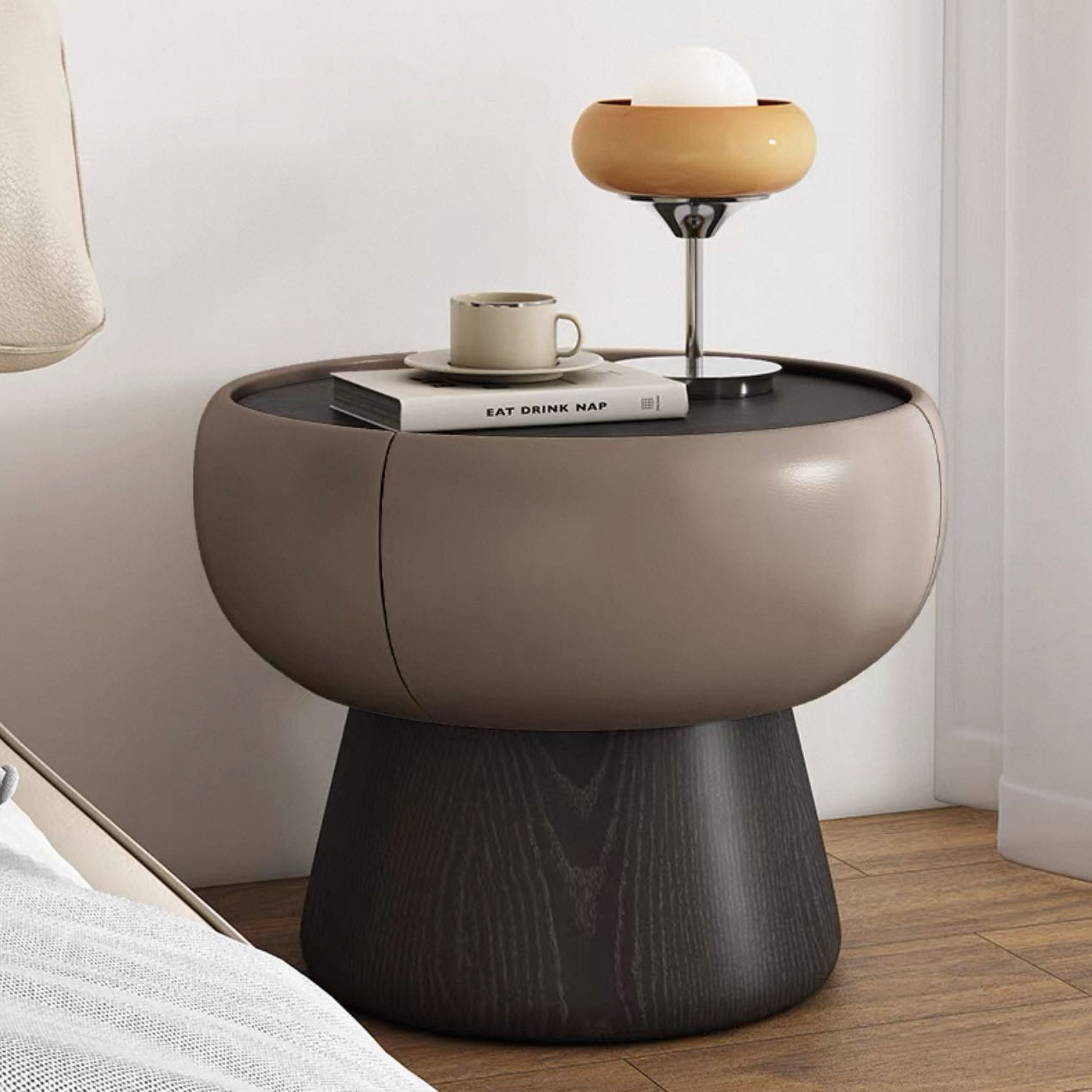 Интерьерная круглая прикроватная тумбочка Ospitale (серо-бежевый)