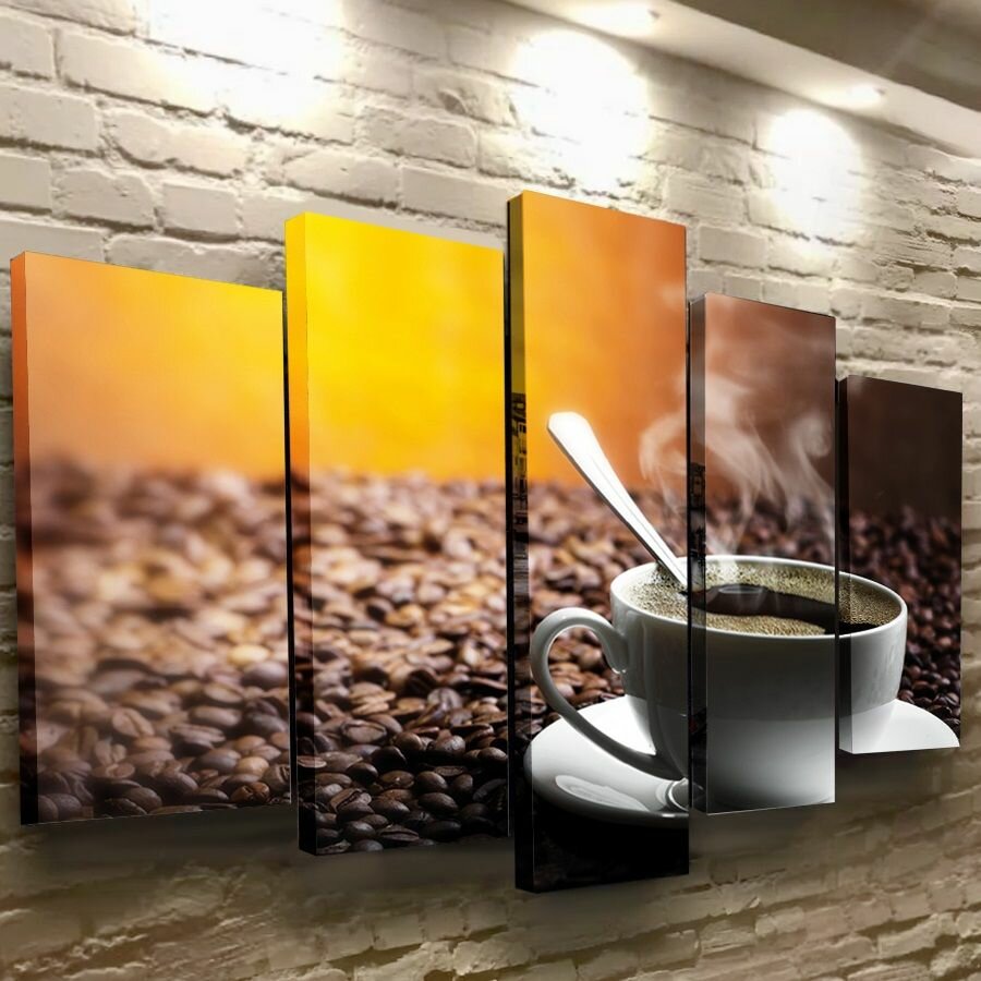 Modul007 Модульная картина на стену "Чашечка кофе" из 5 модулей 140х80 см для интерьера комнаты на подрамнике