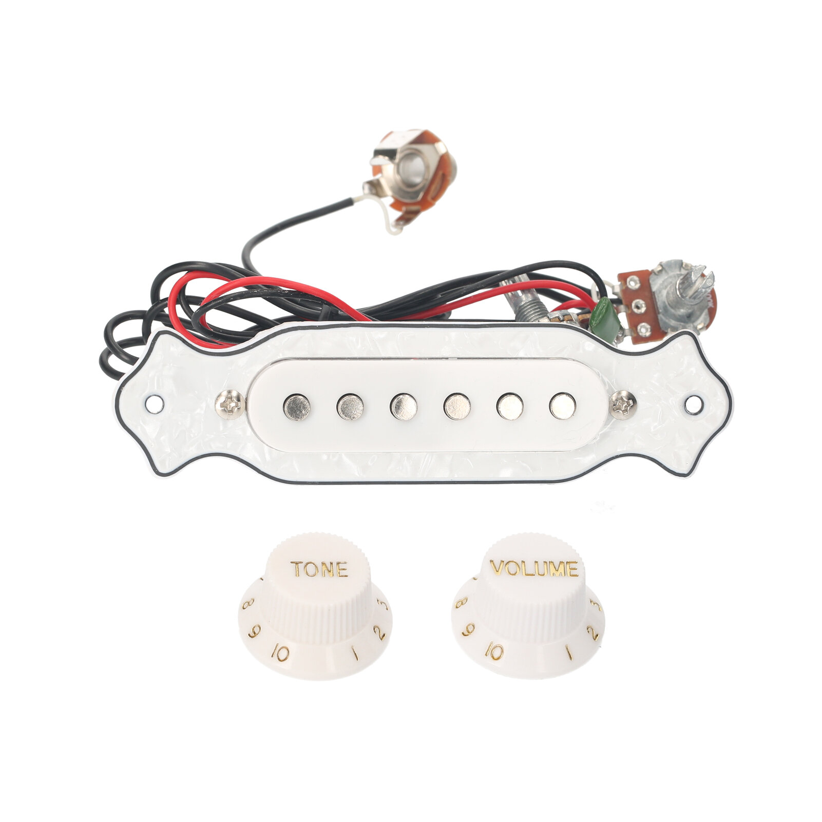 Комплект звукоснимателей для электрогитары, готовый к установке, с разъемом 6,35 мм, регуляторами громкости и тембра.