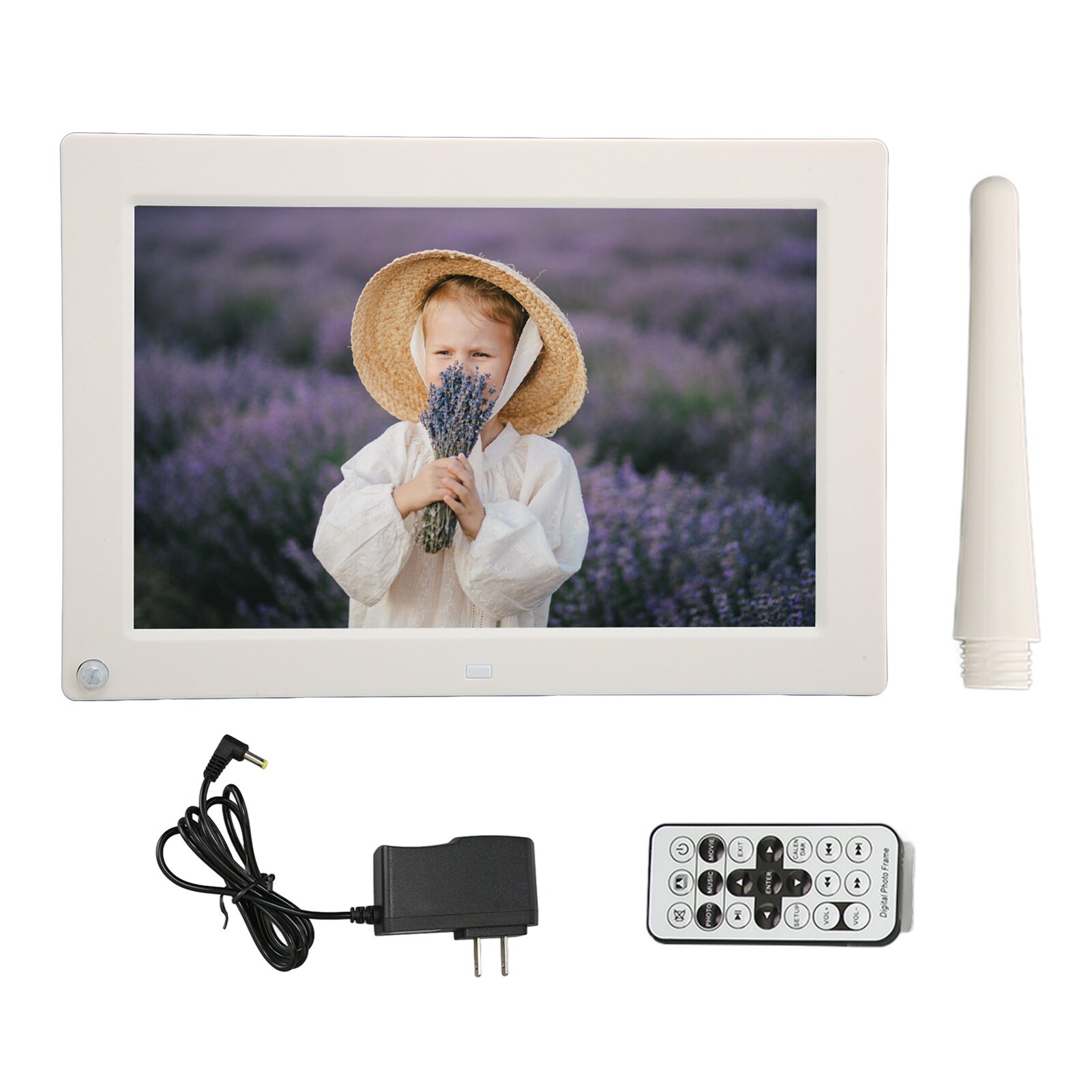 Цифровая фоторамка 10 дюймов, датчик движения, HD IPS-экран, пульт дистанционного управления, воспроизведение видео и музыки, функция Smart Picture, напряжение 110–240 В, белый цвет, вилка стандарта США.
