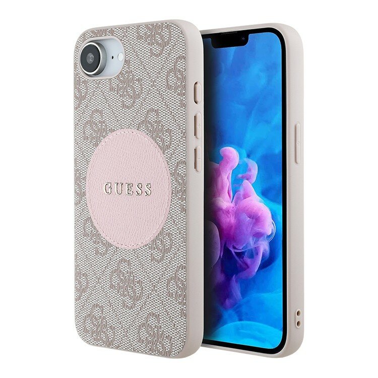 Guess чехол MagSafe для iPhone 16e, PU-кожа 4G with Round Patch Metal logo, розовый