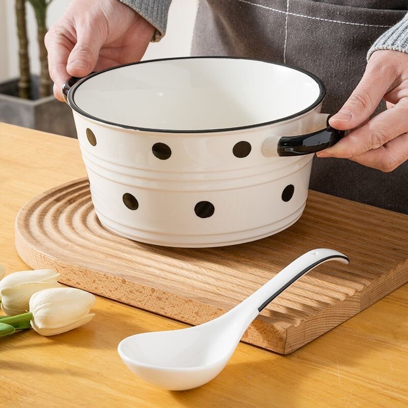 Тарелка для супа 10 дюймов керамическая с двумя ручками стиль Хепберн с ложкой для рыбы, лапши, салата