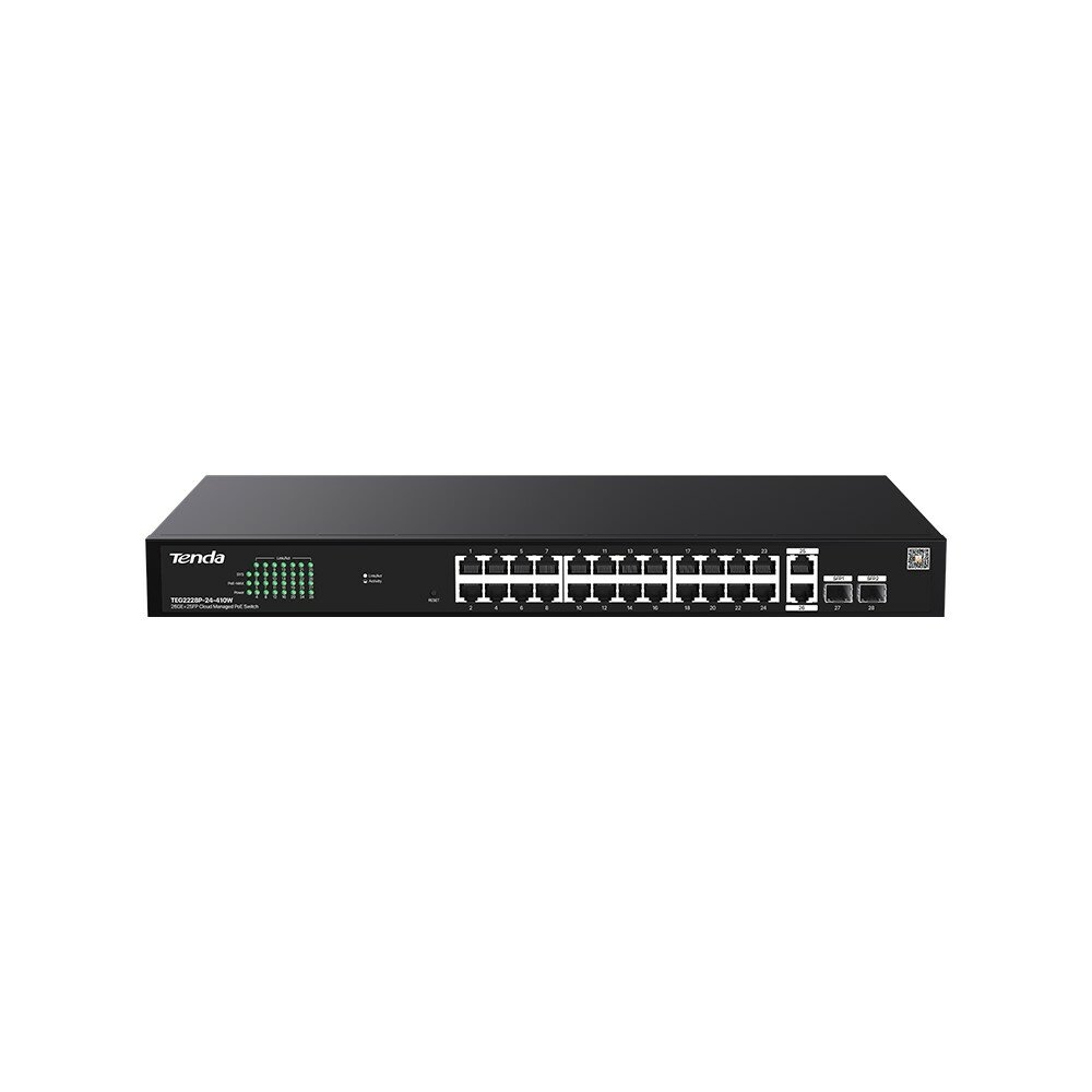 Tenda TEG2228P-24-410W Коммутатор с облачным управлением PoE, 26x1 Гбит/с, PoE 24х30 Вт (до 370Вт), SFP 2x1 Гбит/с