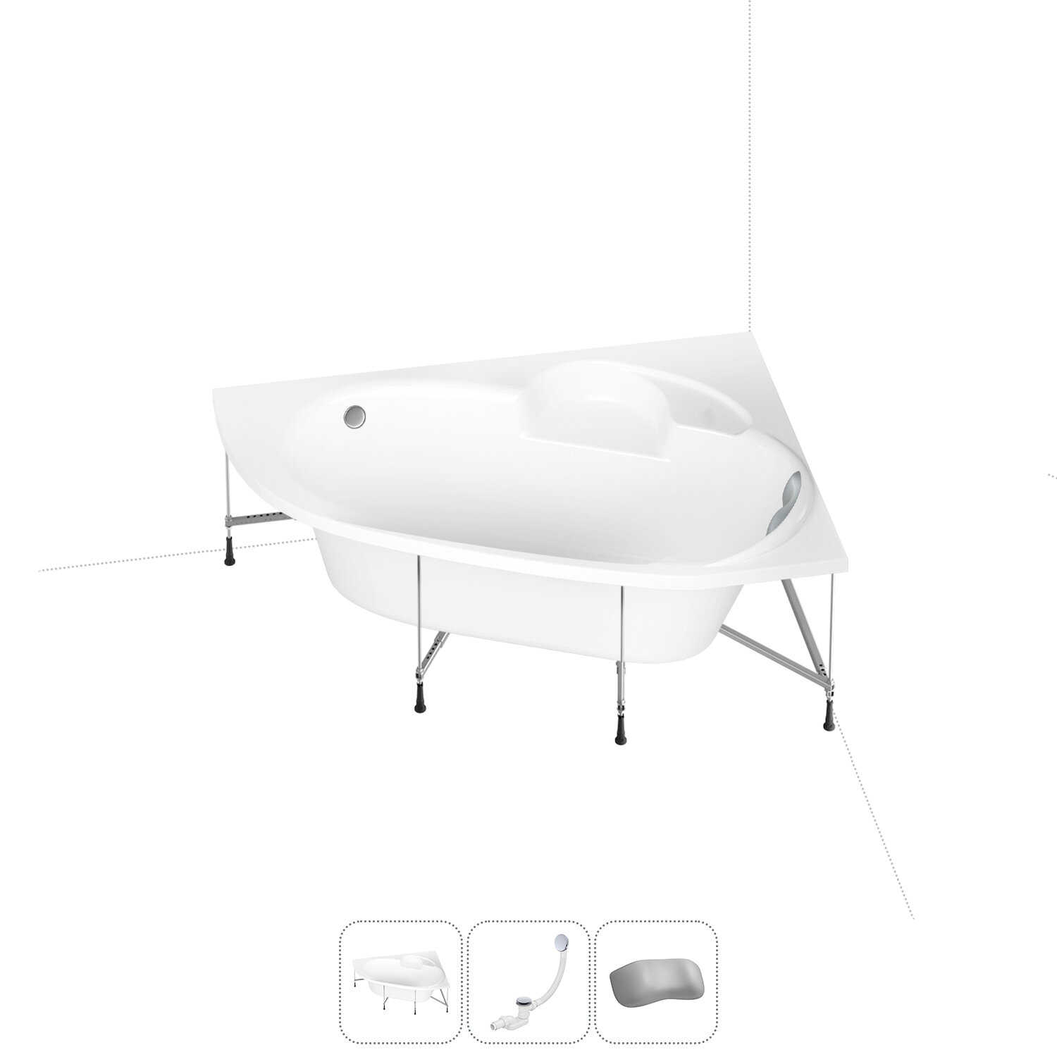 Угловая ванна акриловая 140 x 95 с каркасом Lavinia Boho Bell Pro 20220993R в наборе 4 в 1: асимметричная ванна (правый разворот), каркас, слив-перелив, подголовник