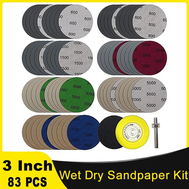 Набор 3-дюймовой влажной и сухой наждачной бумаги с крючком и петлей из карбида кремния в ассортименте 600-7000 зерен с адаптером 1/4 для полировки автомобильных фар