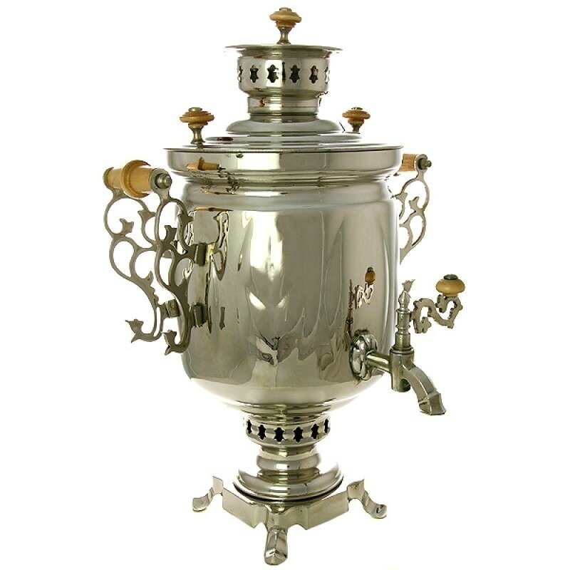 Самовар на дровах 5 литров "цилиндр" никелированный "Листья" с ажурными ручками