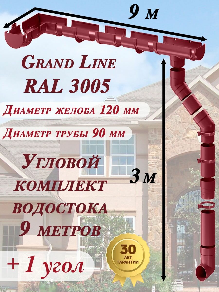 Комплект водосточной системы Grand Line на 9 м карниза угловой (120мм/90мм) красный для вальмовой кровли с универсальным (внешним/внутренним) углом, водосток Гранд Лайн (RAL 3005 вишневый) ПВХ
