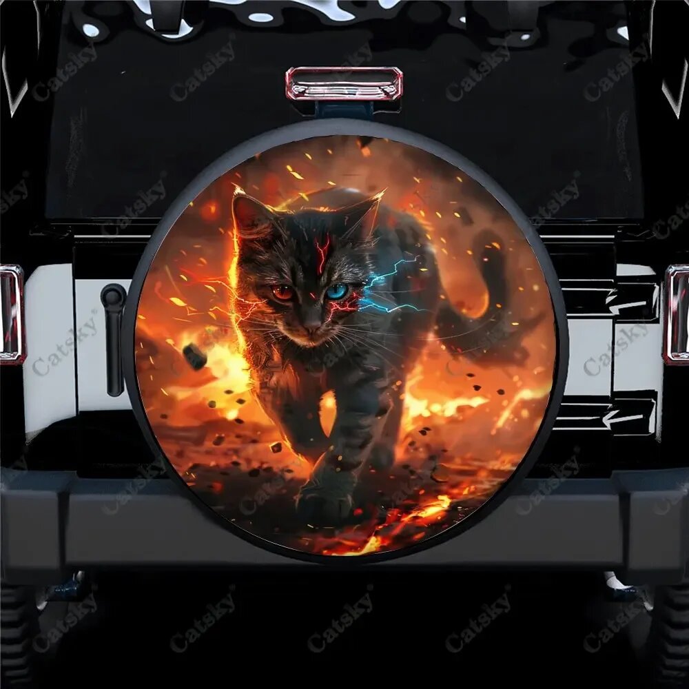 Красные глаза, молния, кошка, чехол для запасного колеса автомобиля, автоаксессуары, украшение, защитная пленка для колеса для прицепа, внедорожника, грузовика, кемпера 14-17 дюймов cat-20241113-37, 15 inch