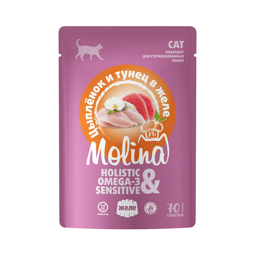 Влажный дополнительный корм Molina для взрослых кошек с цыпленком и тунцом в желе, в паучах - 70 г х 12 шт