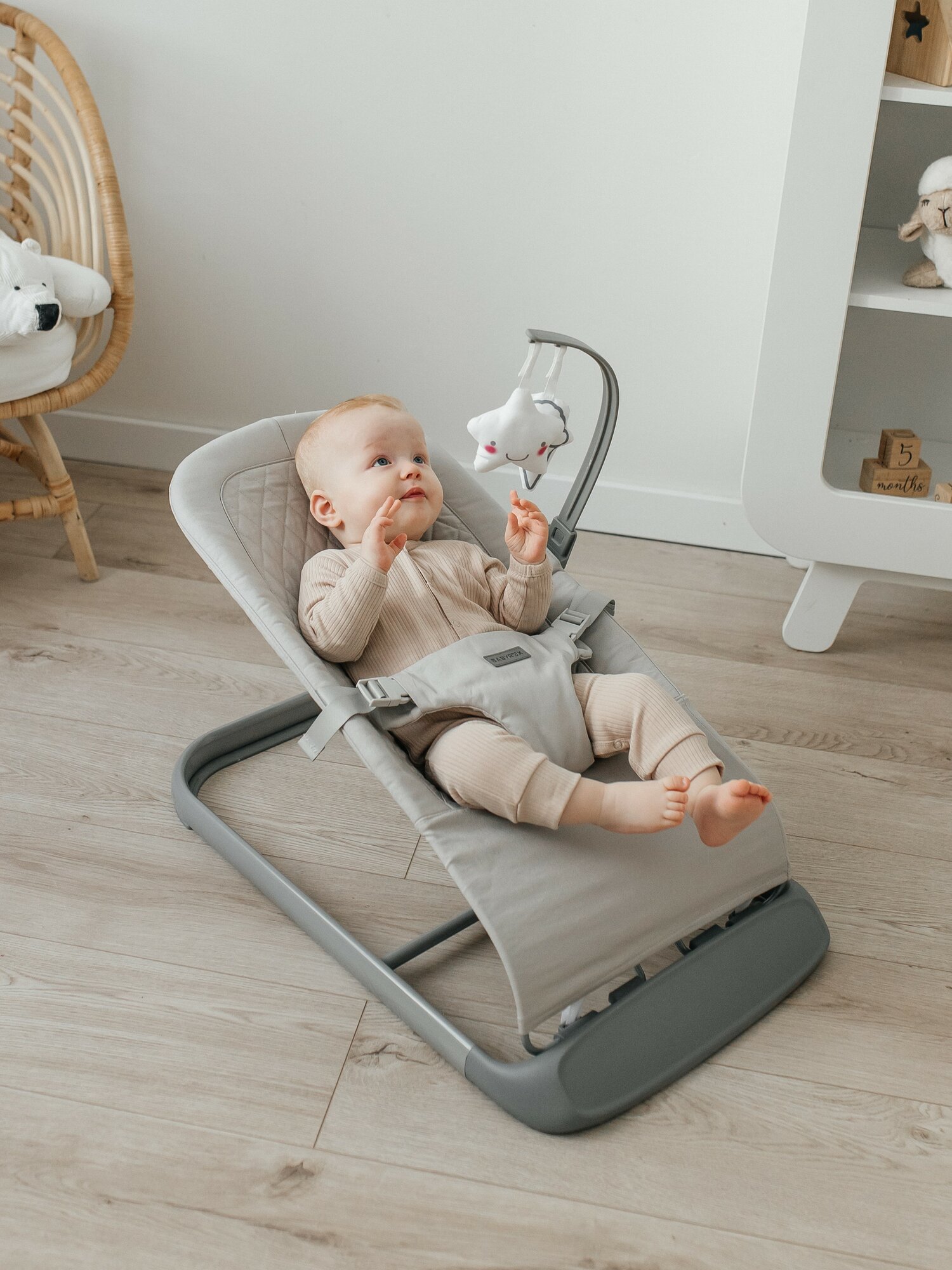 Кресло-шезлонг для новорожденных с игрушкой BABYROX Comfort Cotton, платиновый