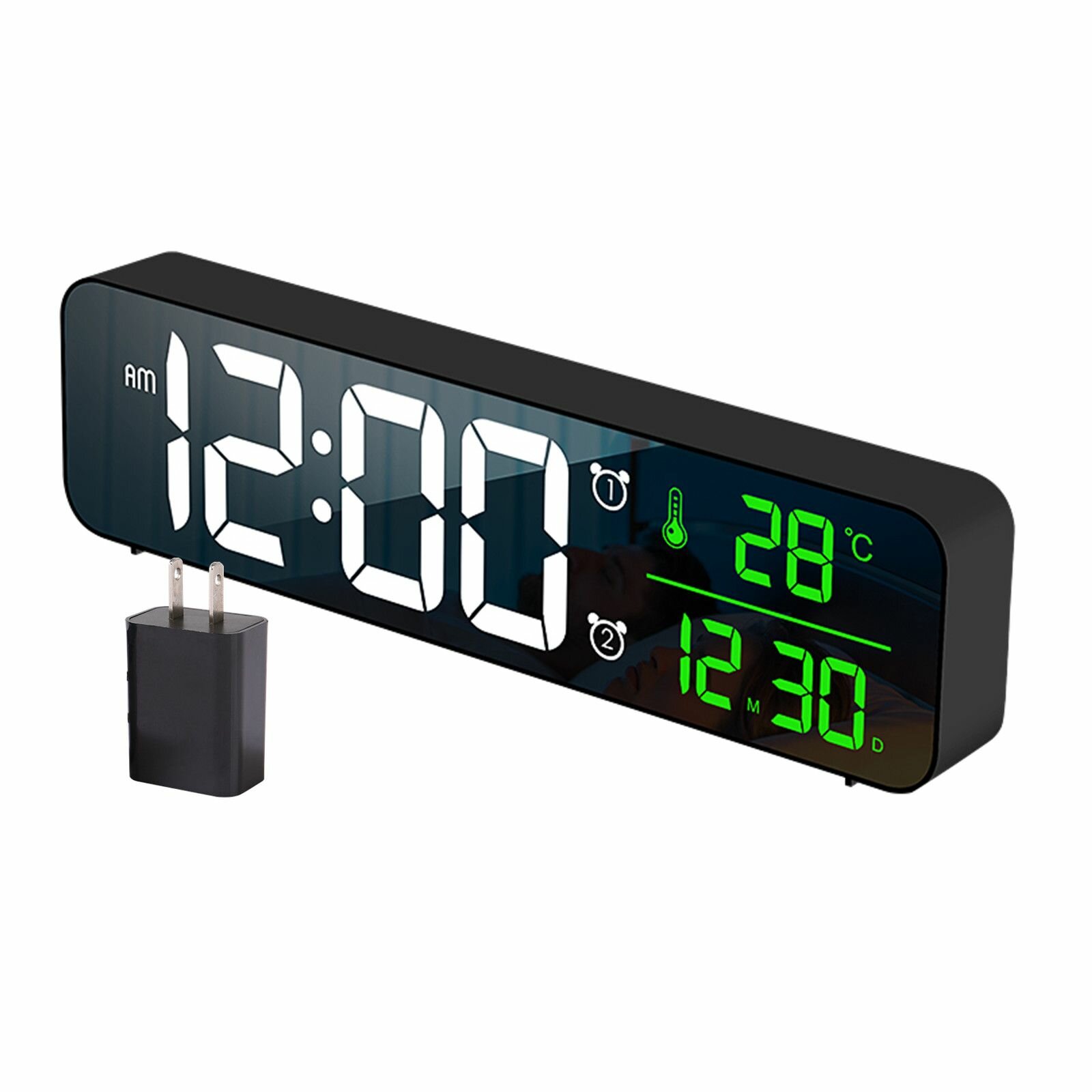 Цифровой будильник, светодиодные часы с батареей с зарядкой USB, двойной сигнал тревоги, активация звука, дремота, дата и отображение температуры, цифровые настенные часы в спальне