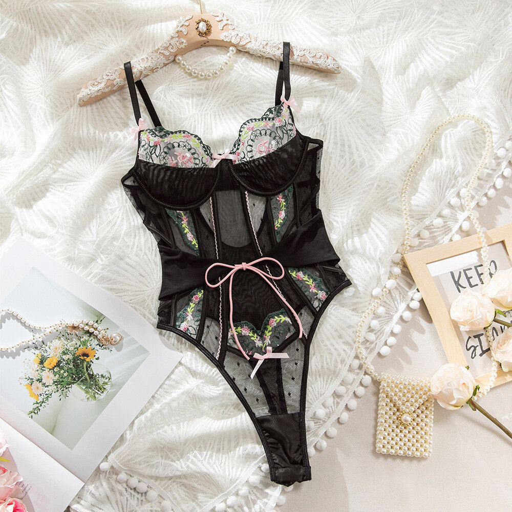 Женский боди с кружевной вышивкой, сетка, утягивающий, с поясом на талии, с бюстгальтером с бантом
