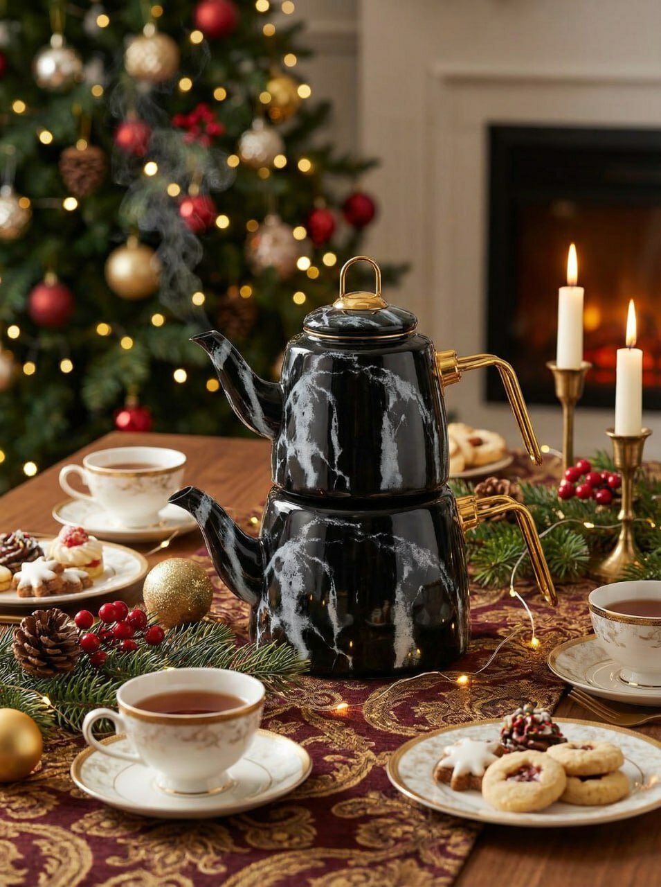 Чайник двухъярусный турецкий эмалированный для плиты 1,5 л; 2,1 л