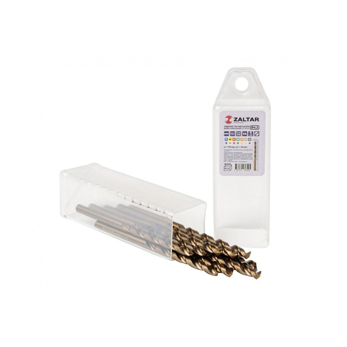 Комплект свёрл по металлу индустриальных ZALTAR 10 шт, DIN 338, HSS-E Co5, Тип VA, 5xD, Ø4.20 мм