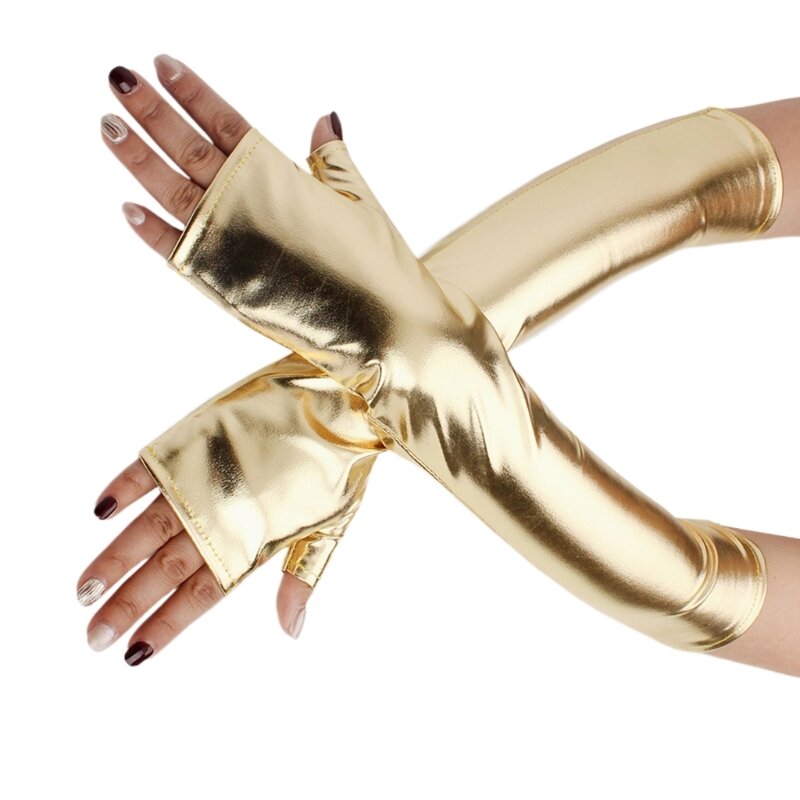 Сексуальные кожаные перчатки без пальцев из лакированной кожи средней длины-золотой