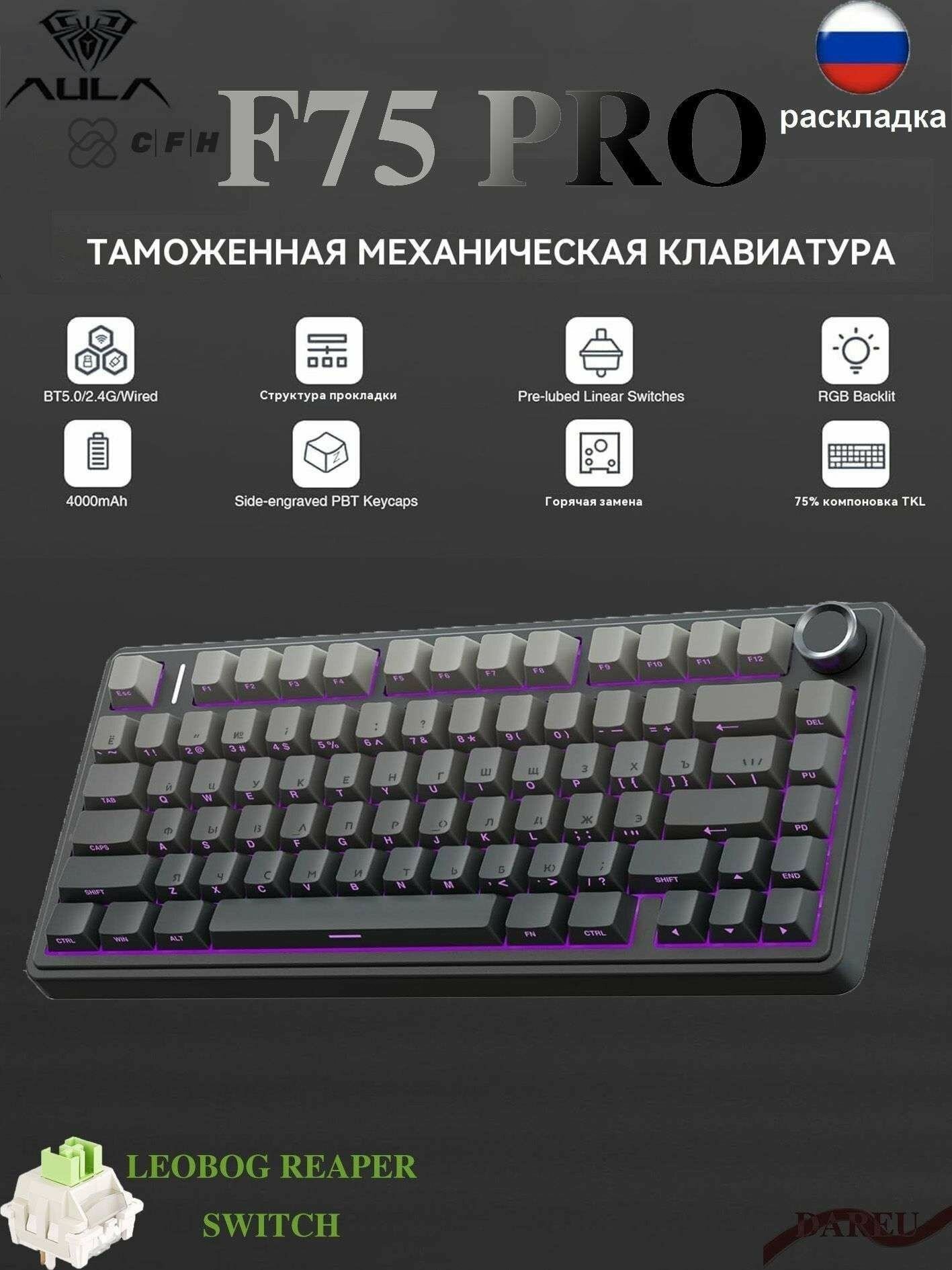 Беспроводная механическая клавиатура AULA F75PRO, формат 75%, с поддержкой подключения через Bluetooth 5.0, беспроводной адаптер 2.4 GHz и интерфейс USB Type-C, русская раскладка.