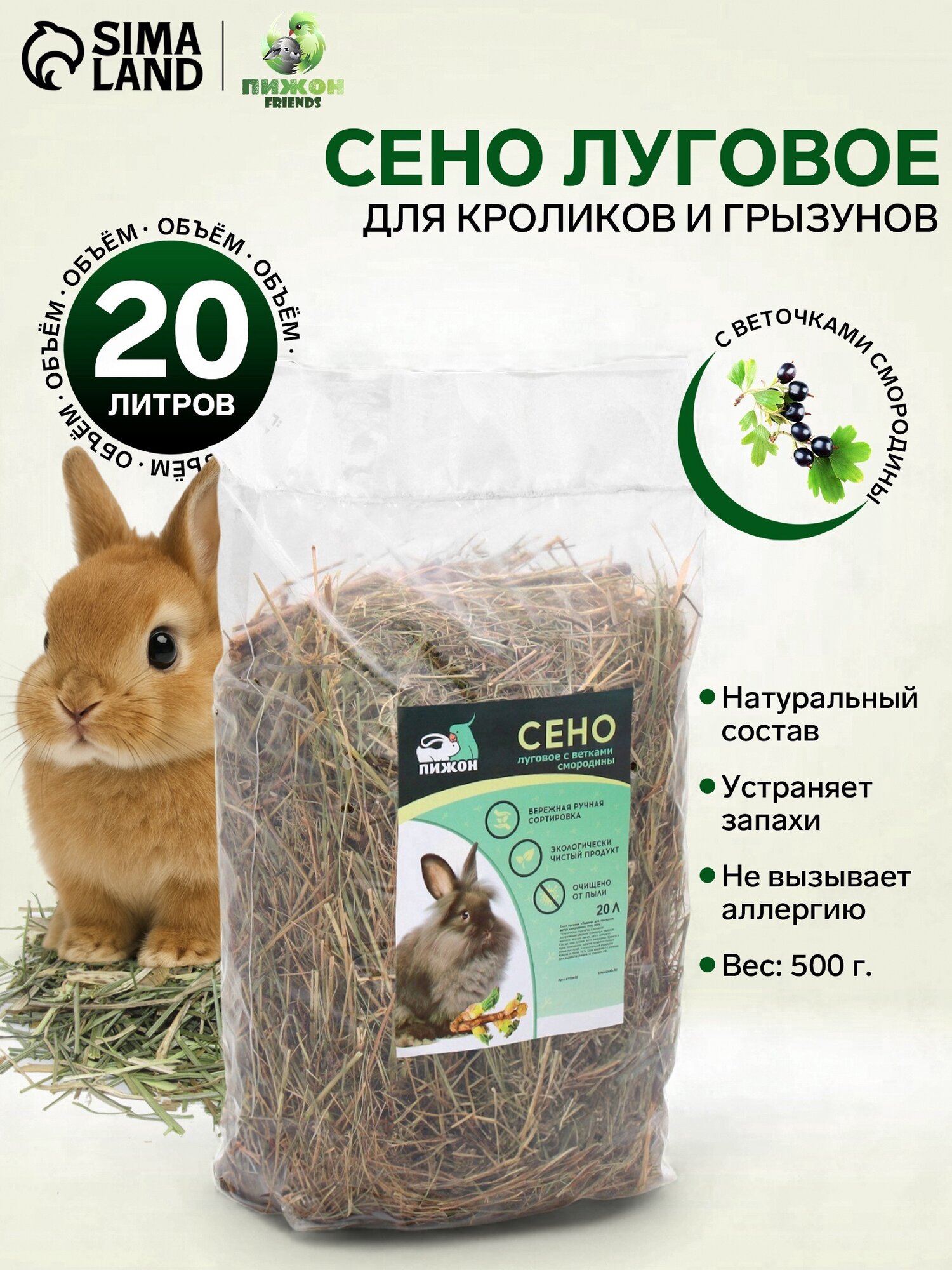 Сено луговое с веточками смородины «Пижон» для грызунов, 20 л, 500 г