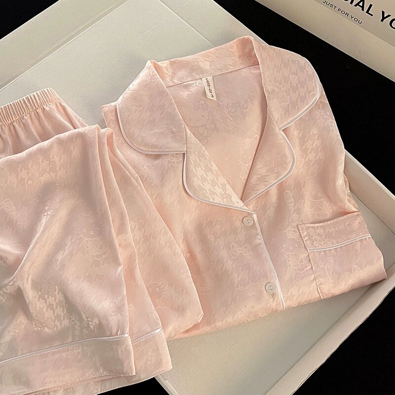 2025 новая пижама из шёлка Ice Silk, женская, весна-осень, Hello Kitty, домашняя одежда с длинными рукавами, летняя одежда с короткими рукавами, которую можно носить на улице, тонкая