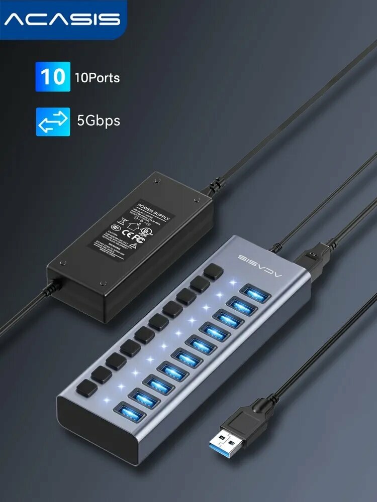 Acasis 10 Порт USB концентратор 5 Гбит / с USB 3.0 разделитель USB для ноутбуков