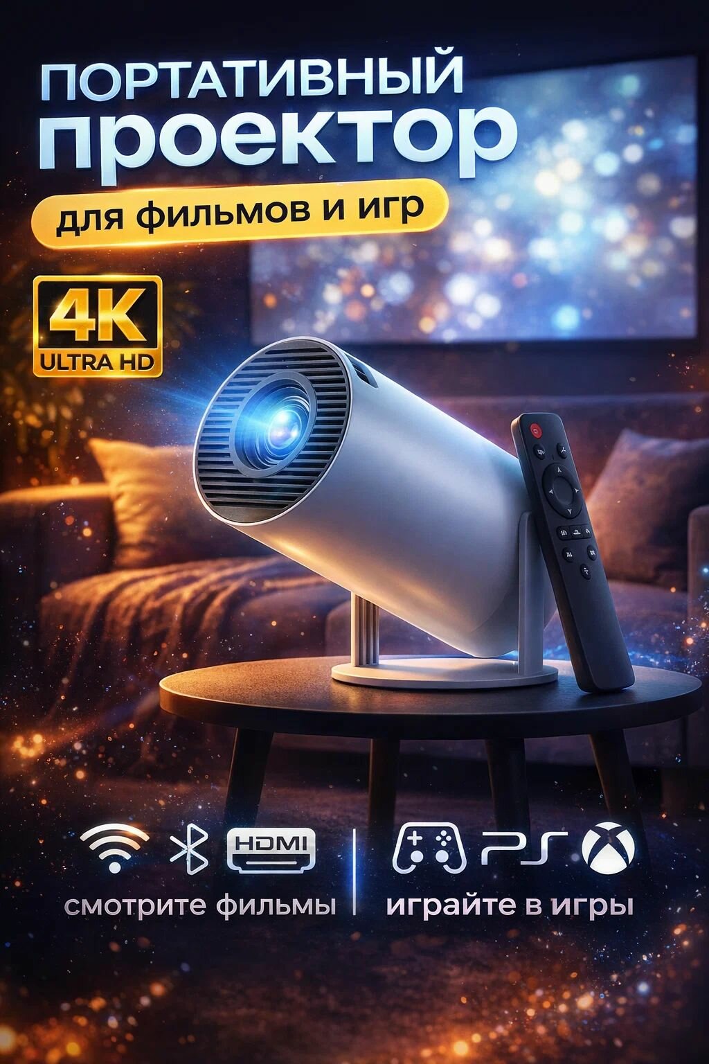 Проектор для фильмов Wi-fi Bluetooth, SMART TV, FULL HD 4К поддержка, трансляция с телефона, Android, HDMI