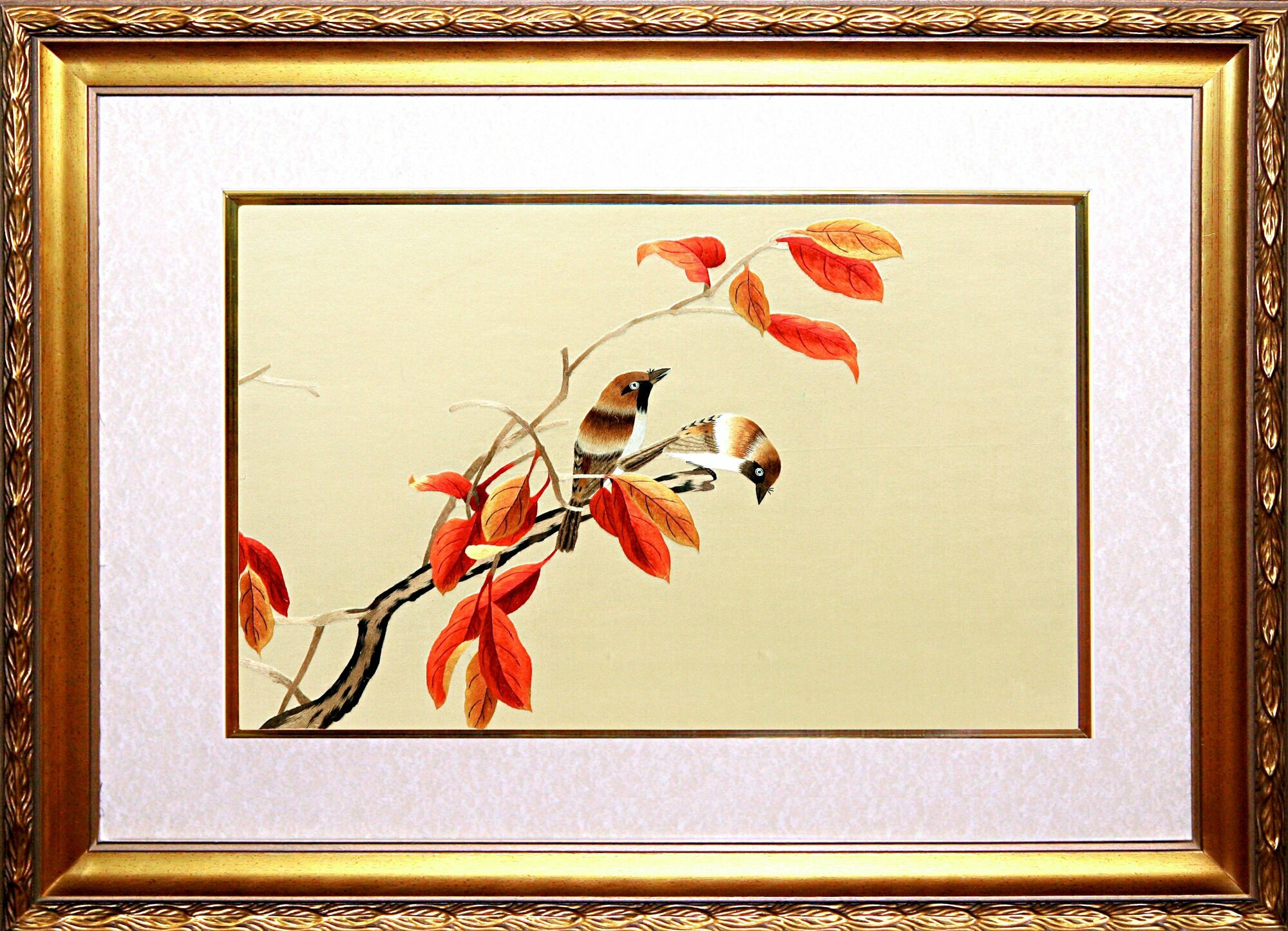 Декоративная настенная картина Живой Шелк Веселое семейство чирков, вышивка шелком ручная с 3Dэффектом/см 50х65х3/багет+паспарту