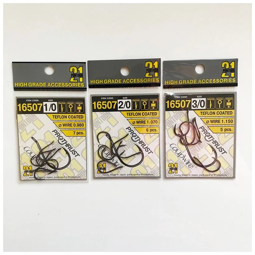 Набор(3 пачки) одинарных крючков Pontoon21 16507 в трех размерах 3/0(5шт)+2/0(6шт)+1/0(7шт)
