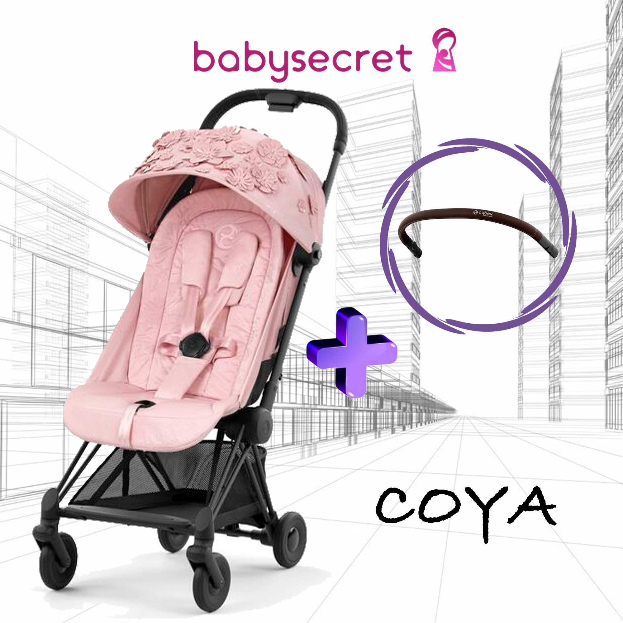 Прогулочная коляска Cybex Coya FE Simply Flowers Pale Blush на шасси Matt Black+ Бапер