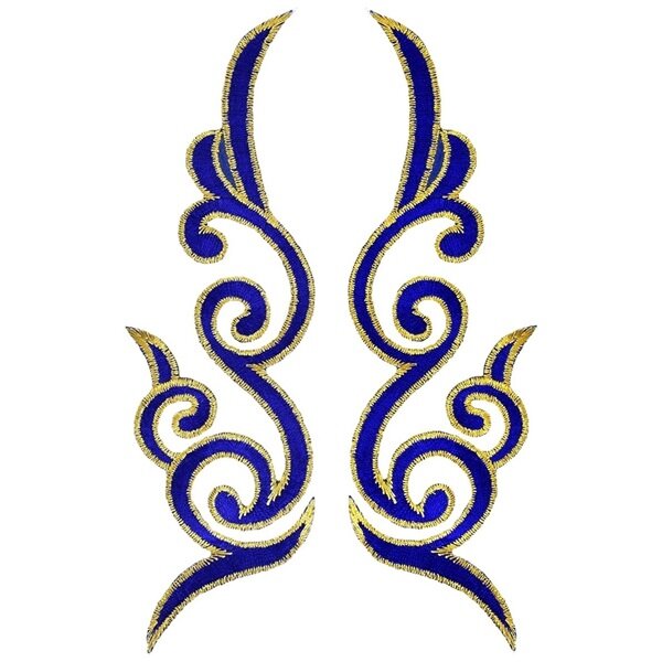 Термоаппликация, нашивка , аппликация парная (симметричная) "Вензель" вышитая, для декорирования танцевальных костюмов, национальной одежды, размер: 18*4 см, упак. 2 шт, цвет: синяя