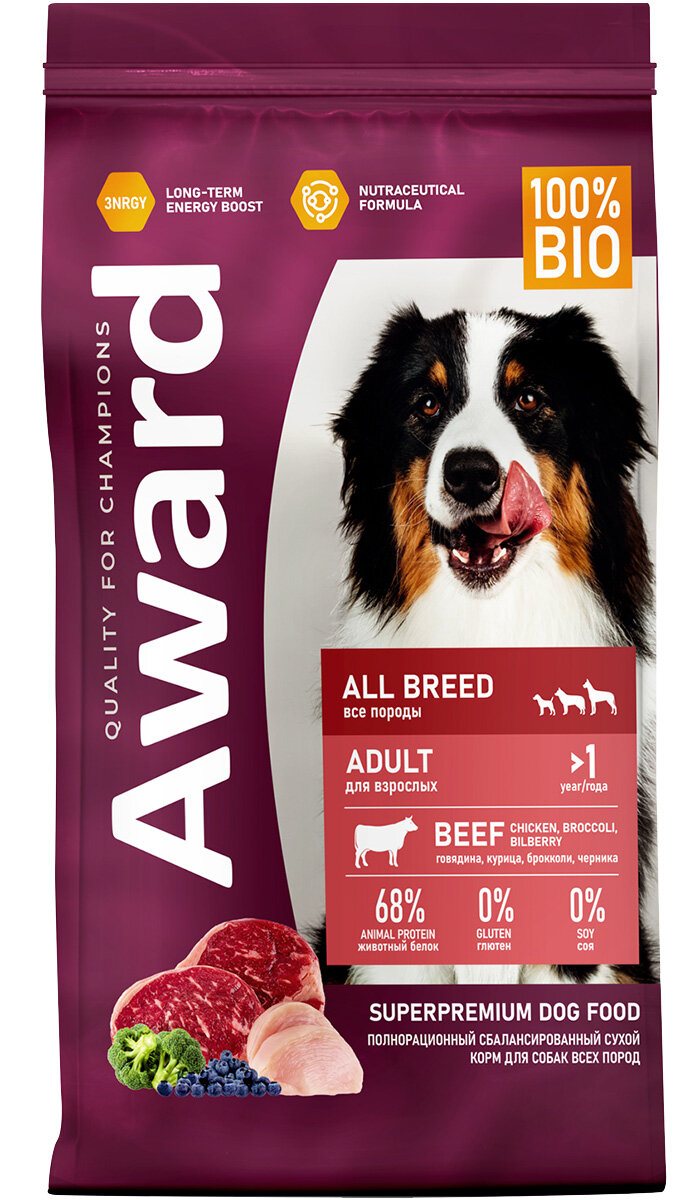 AWARD ADULT ALL BREED для взрослых собак всех пород с говядиной и курицей 12 кг