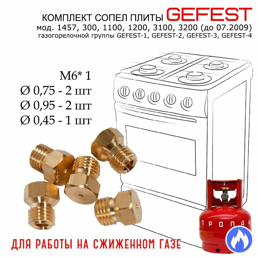 Комплект жиклеров, форсунок газовой плиты "GEFEST" моделей 1457, 300, 1100-3200 (до 07.2009), под балонный, сжиженный газ