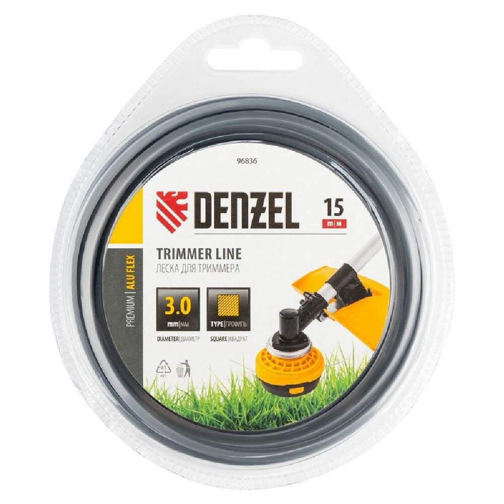 Леска для триммера армированная алюминием квадратная 3 мм х 15м, блистер ALUFLEX Denzel 96836