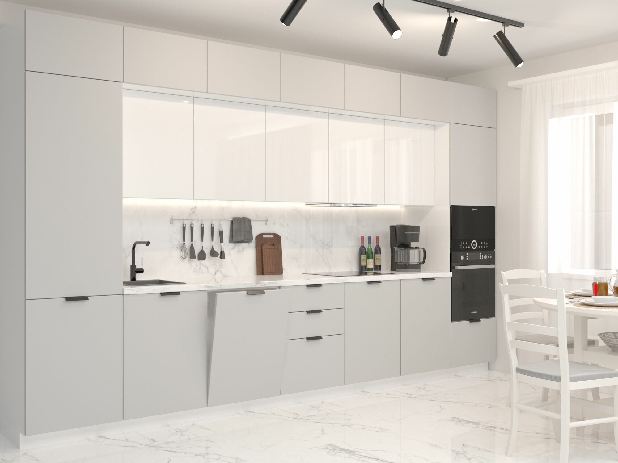 Кухонный гарнитур Фьюжн Silky Light Grey матовый/Angel глянец, 4200 мм