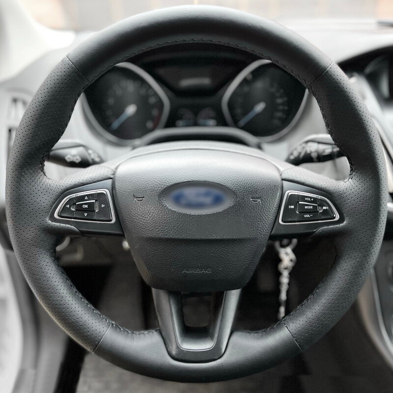 Накладка из натуральной кожи на руль Ford Focus III рест (2015-2019), C-MAX II рест (2015-2019), Ford Escape III рест (2015-2019), Ford Kuga II рест (2016-2019), Ford EcoSport II рест (2017-н. в.), черная.