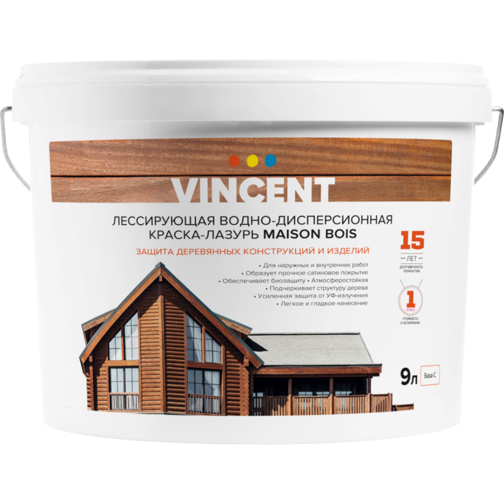 Краска-лазурь Vincent Maison Bois кроющая водно-дисперсионная для защиты 9л База А (белая)