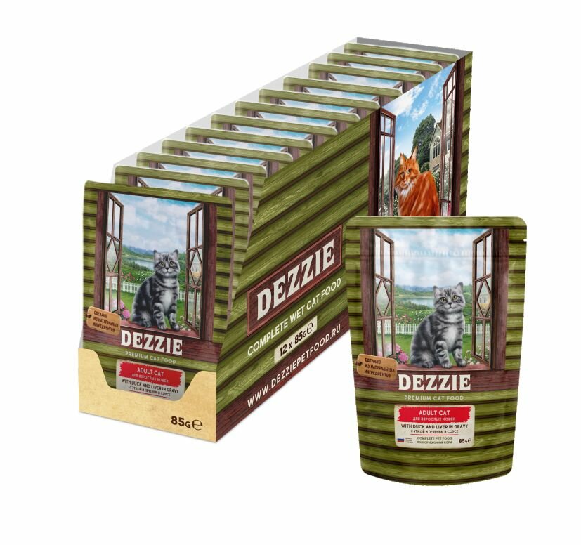 Корм для кошек влажный DEZZIE ADULT CAT (пауч) 12шт - 85г, Утка и печень в соусе