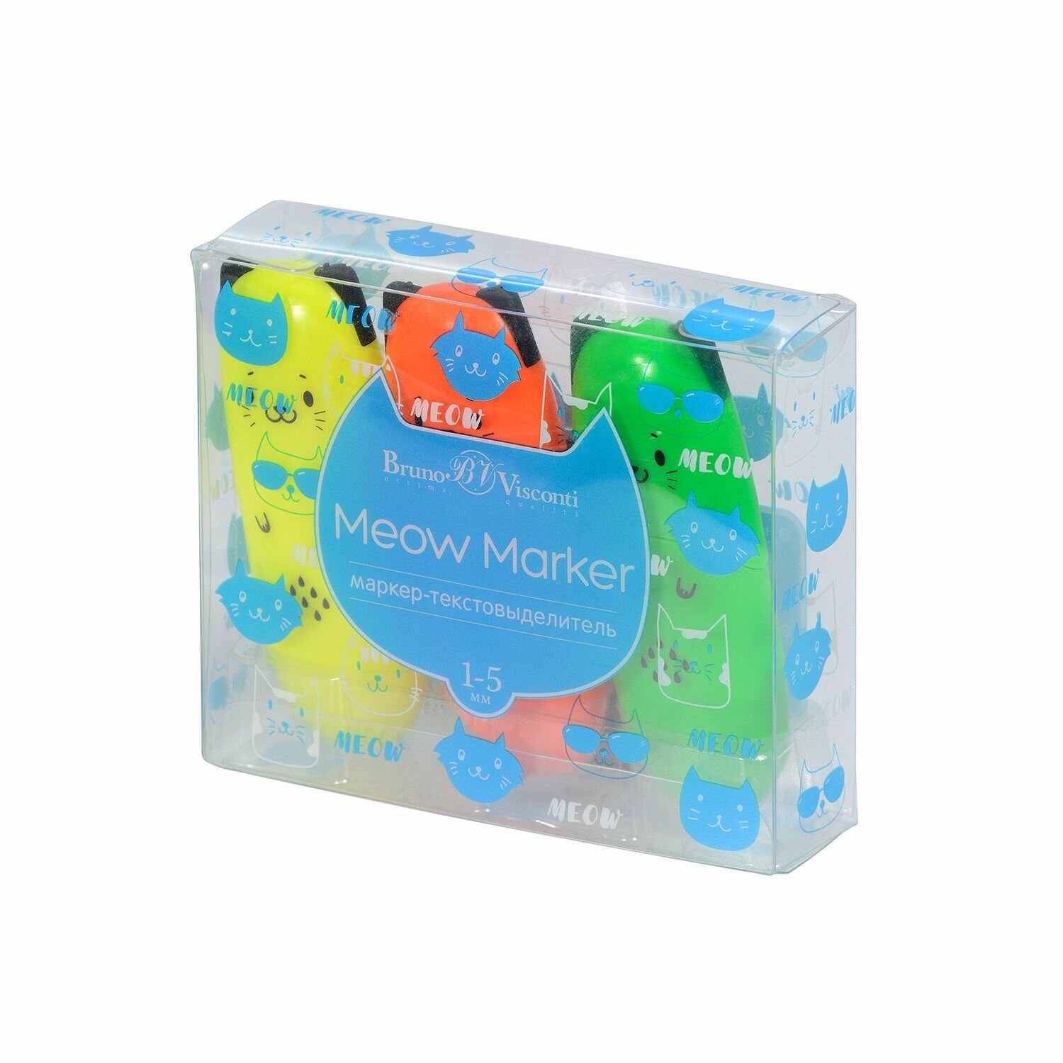 Текстовыделитель набор 3 цвета (желтый , зеленый, оранжевый) Bruno Visconti "MEOW MARKER" / маркеры текстовыделители для школы неоновые арт.22-0104