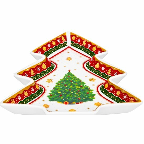 Блюдо Elan Gallery "Новогодняя елка" 20,5х25,5х2,5 см, красный узор (420712)