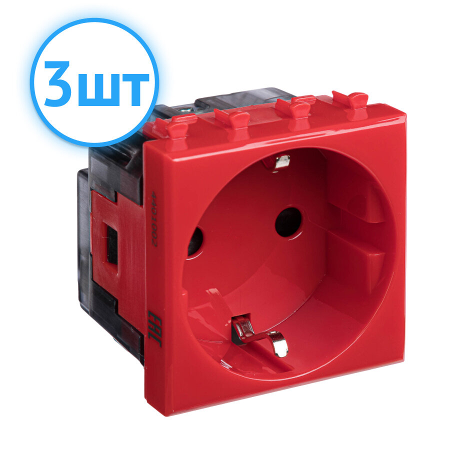Механизм розетки DKC Avanti 2P+E с заземлением и шторками "Красный квадрат" глянцевый 4401002 (комплект из 3шт.)