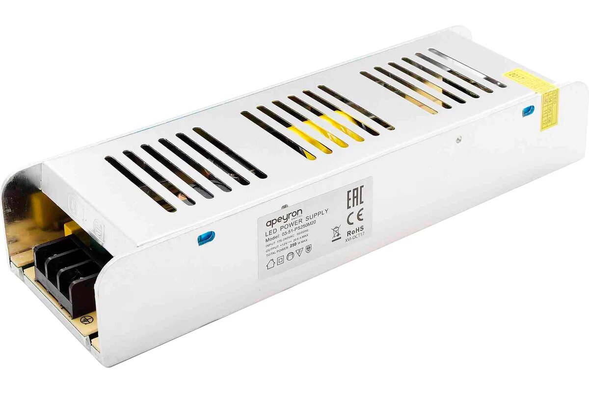 Apeyron Блок питания слим-метал 12В, 250Вт, IP20, 20,83А, 223х68х40мм 03-51