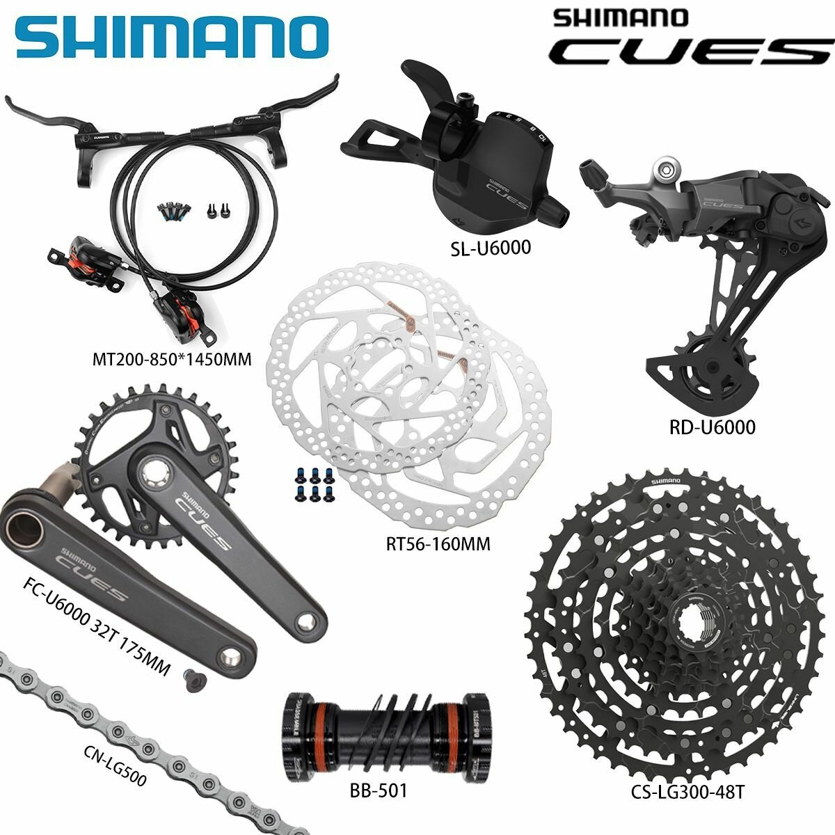Комплект трансмиссии для горного велосипеда Shimano CUES U6000, трансмиссия 1X10 SL-R/RD (с окном), кассета, цепь, кривошип плюс каретка, тормоза MT200 с роторами 160 мм. (Набор из 8 шт.)