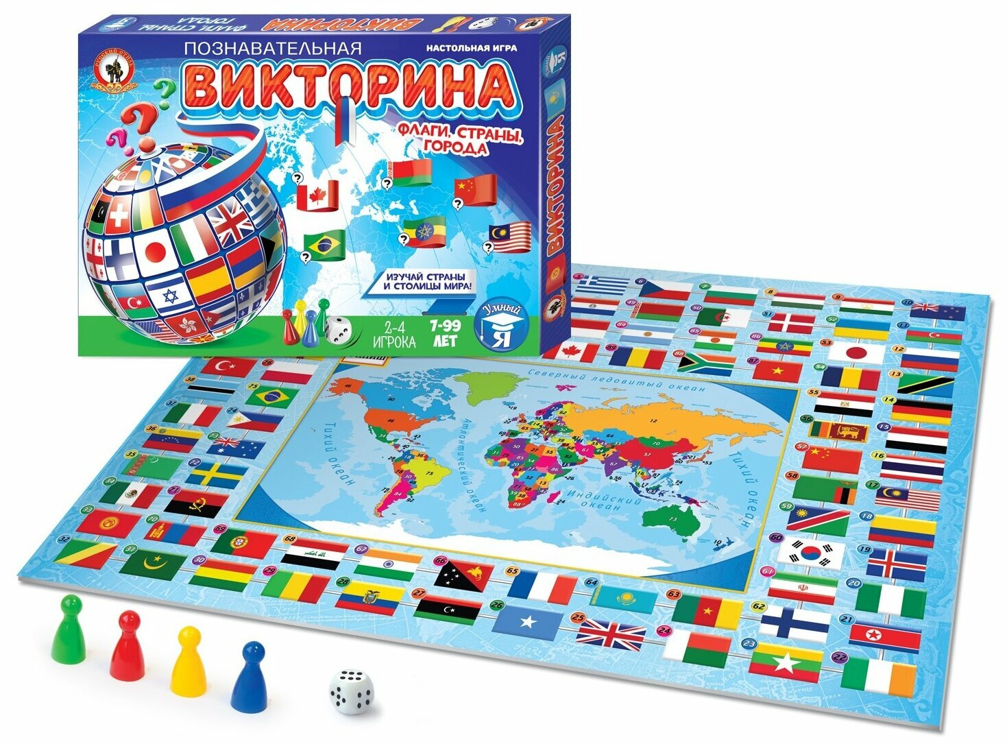 Настольная Игра Умный Я Викторина. Флаги, страны, города (игровое поле, фишки, кубик, в коробке, от 7 лет)