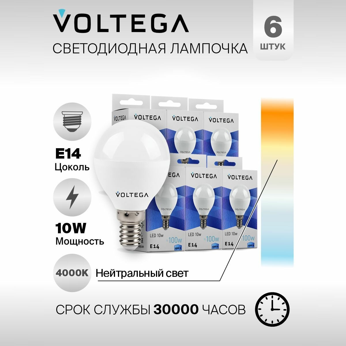 Лампочка светодиодная E14 форма шар 10W нейтральный свет Voltega Simple Globe 4000K упаковка 6 штук