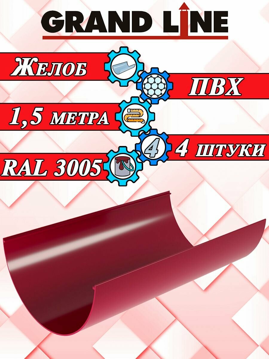 Желоб 1,5 м 4 штуки Grand Line ПВХ красный RAL 3005 (d 120 мм) для водосточной системы, Гранд Лайн (120/90) элемент водостока для крыши
