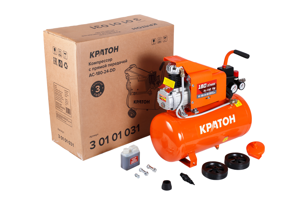 Компрессор с прямой передачей Кратон AC-180-24-DD бак 24 л, производительность 180 л/мин