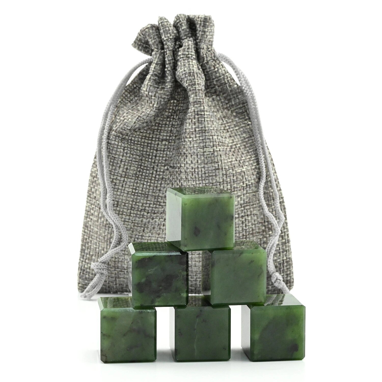 Камни для виски в холщевом мешочке 6 кубиков из нефрита .