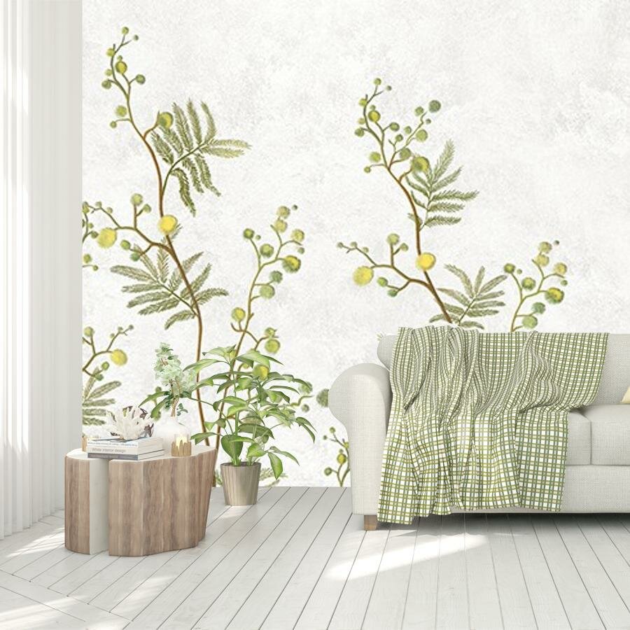 Фотообои Мимоза на белом фоне 9-1645-S-Холст 270 x 200 см (ВхШ) Бесшовные, флизелиновые, влагостойкие обои MasterFresok