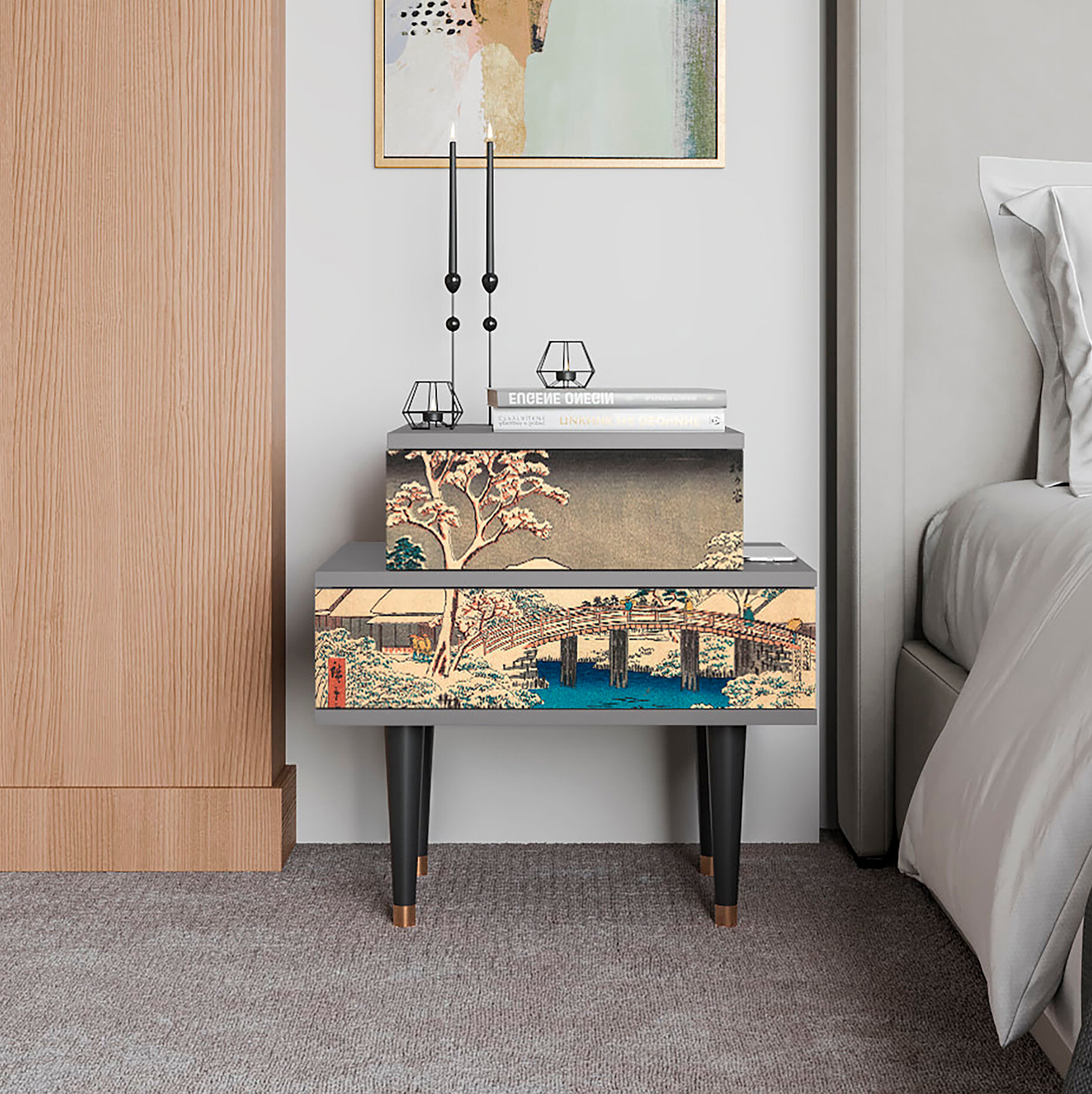Прикроватная тумба - STORYZ - NS1 Katabira River by Utagawa Hiroshige, Размер - 58 x 58 x 41 см, Цвет корпуса - , Серый