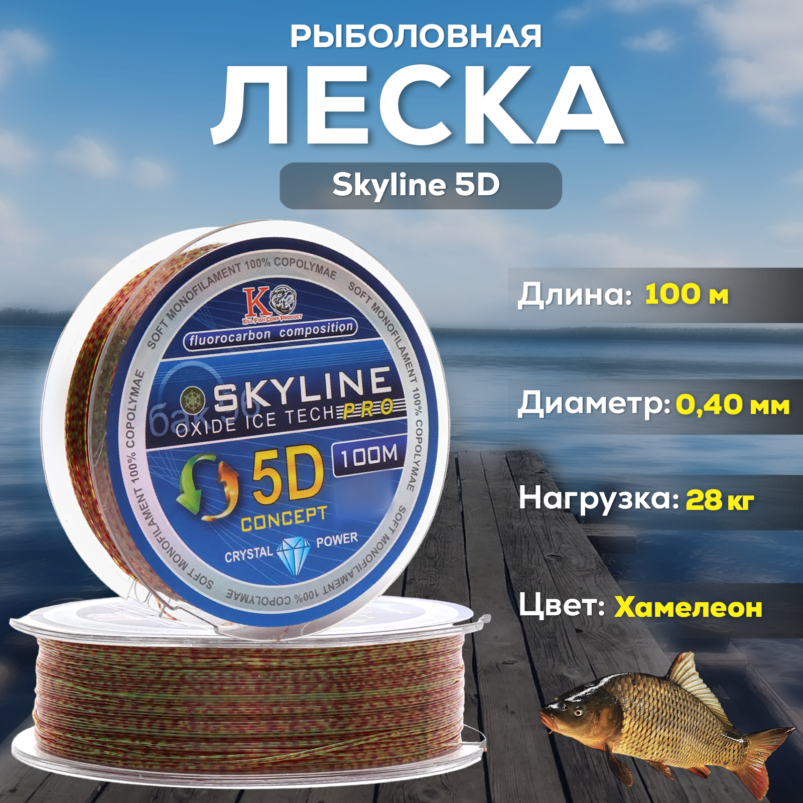 Леска рыболовная флюкарбоновая Skyline 5D, диаметр 0.40мм, разрывная нагрузка 28кг