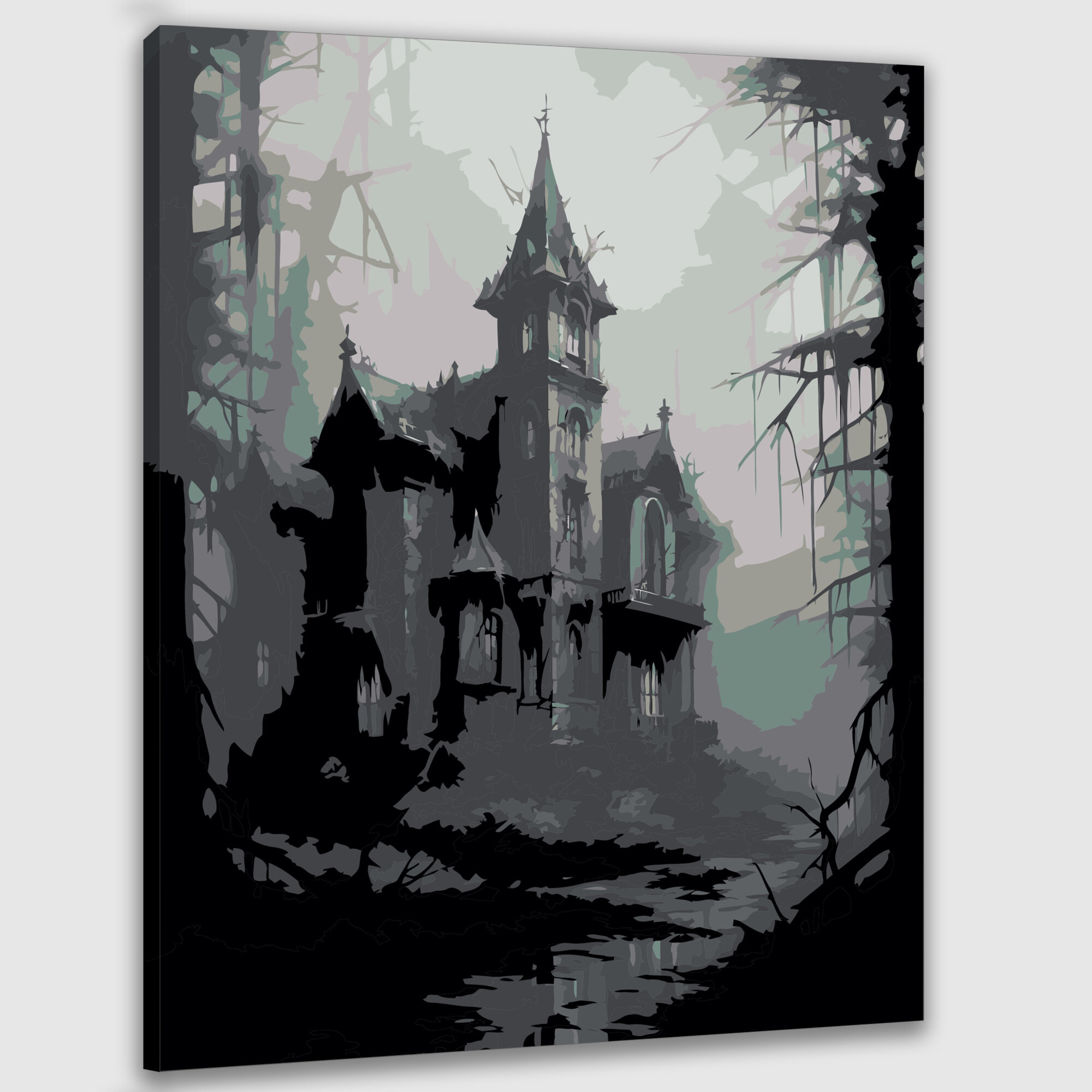 Картина по номерам 40x50 см, картина, масло, заброшенный особняк, туман, плющ, разбитые окна, тайна, интрига